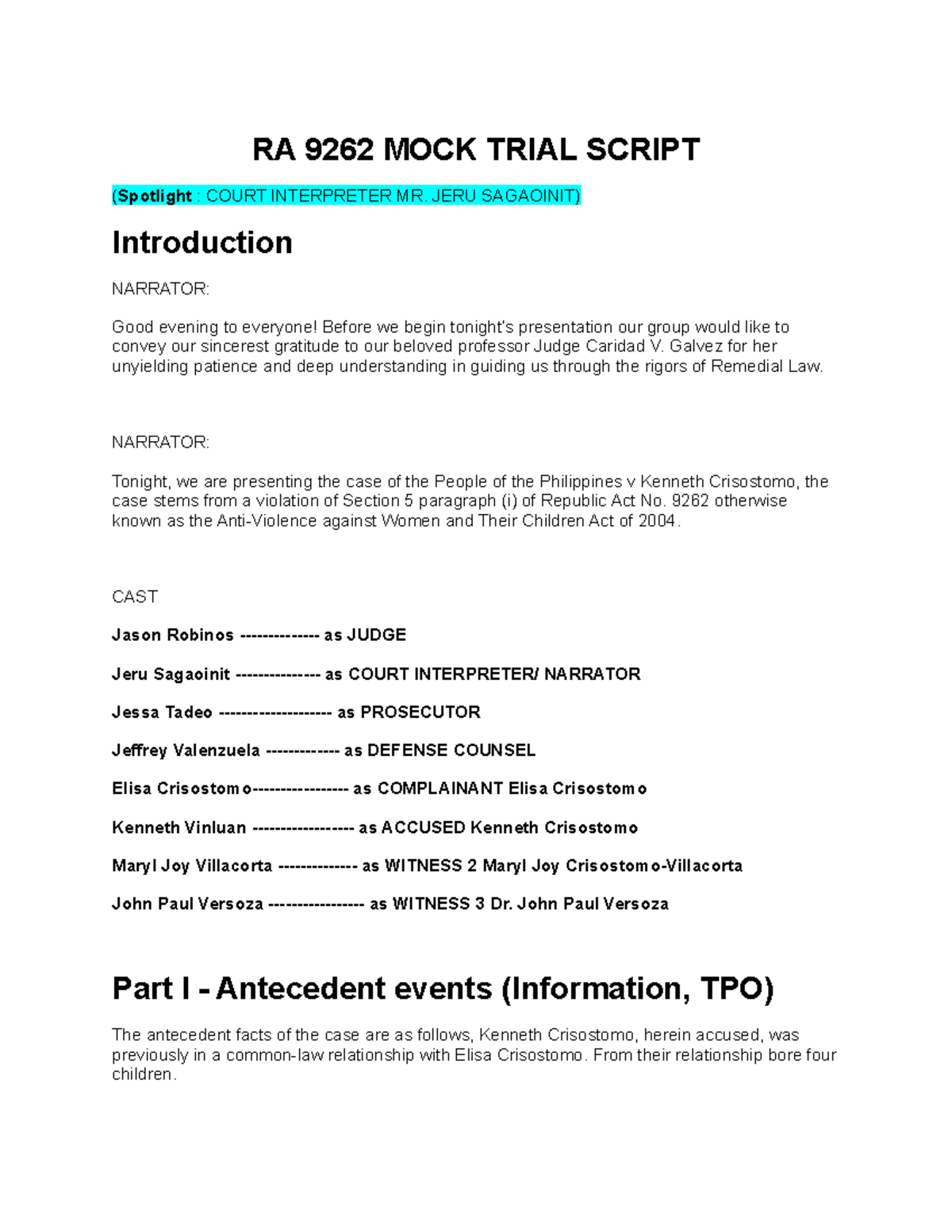 RA 9262 MOCK Trial Script - RA 9262 MOCK TRIAL SCRIPT ( Spotlight ...