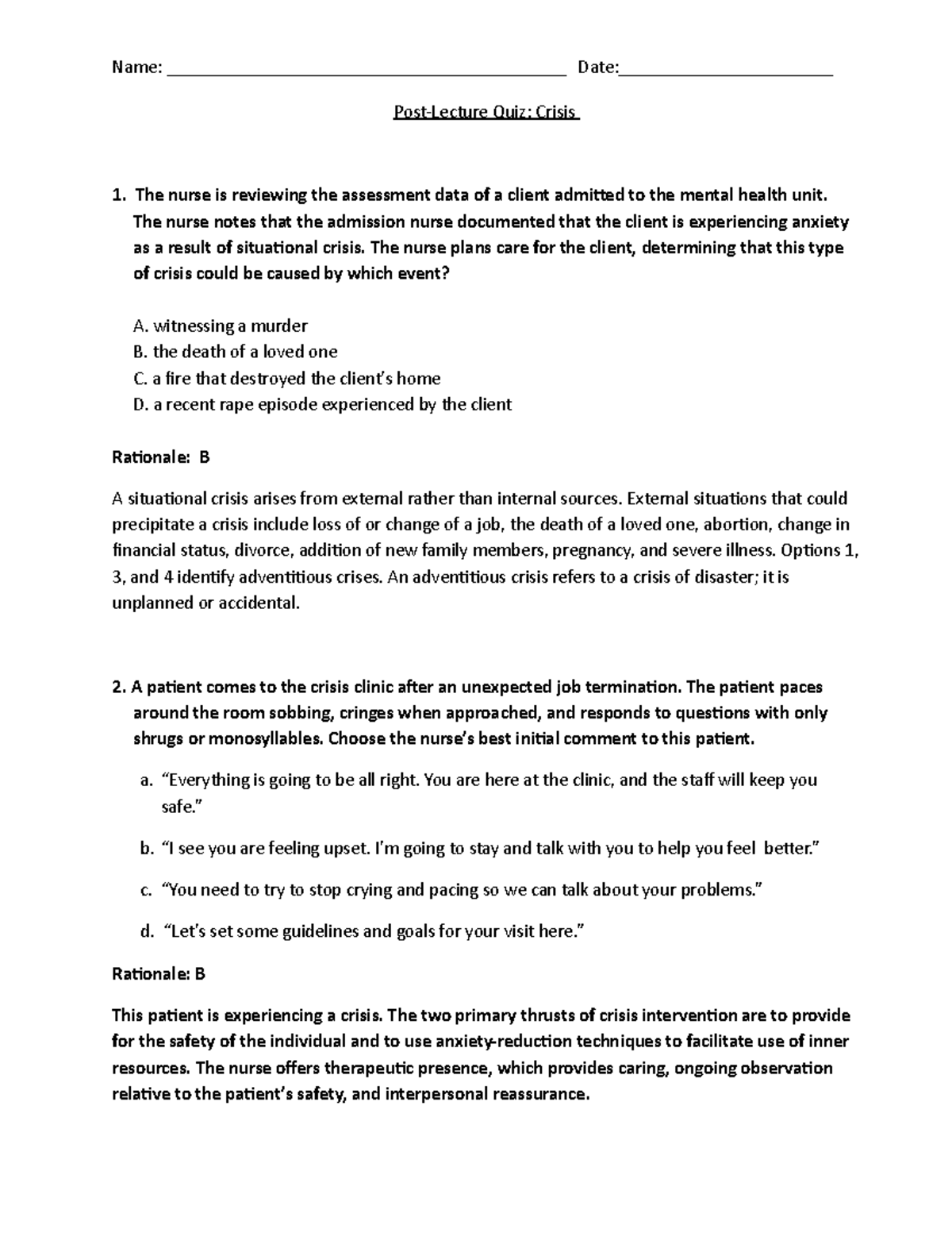 Crisis Intervention Quiz - A Take-Home Assessment on Disasters - Studocu