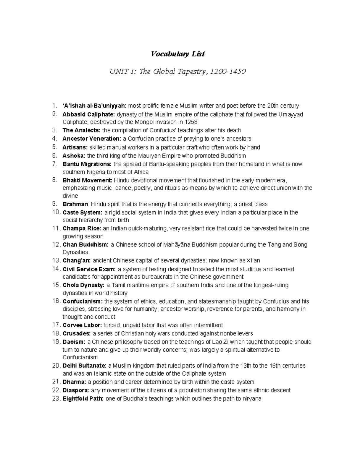 Unit 1 Vocabulary List: Key Terms in Global History - Studocu