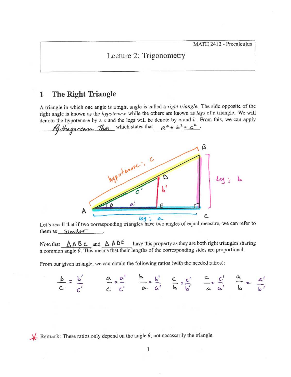 MATH 2412 Precalculus Lecture 2: Trigonometry & Right Triangles - Studocu