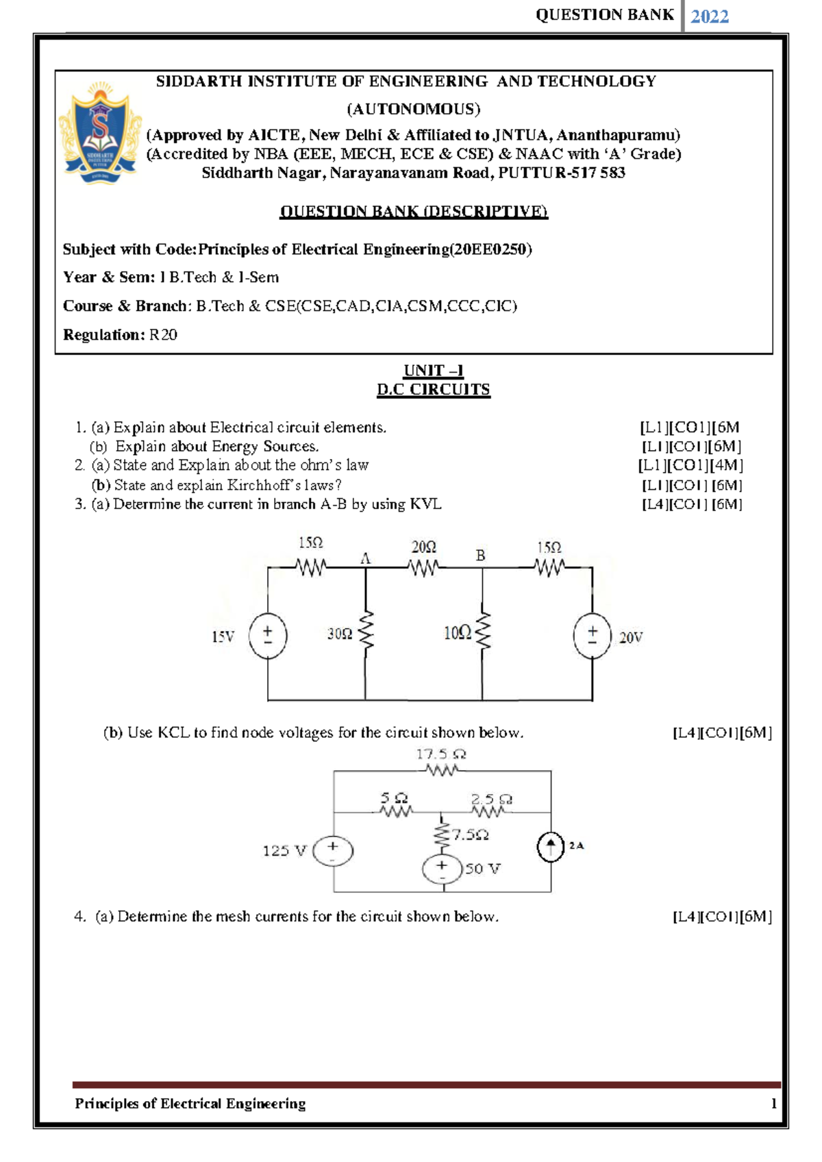 Principles of Electrical Engineering Question Bank 2022 (20EE0250 ...