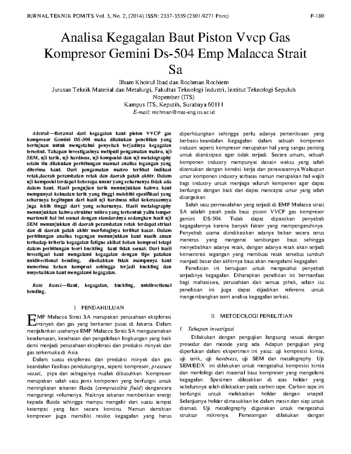 Analisis Kegagalan Baut Piston VVCP Kompresor Gemini DS-504 - Studocu
