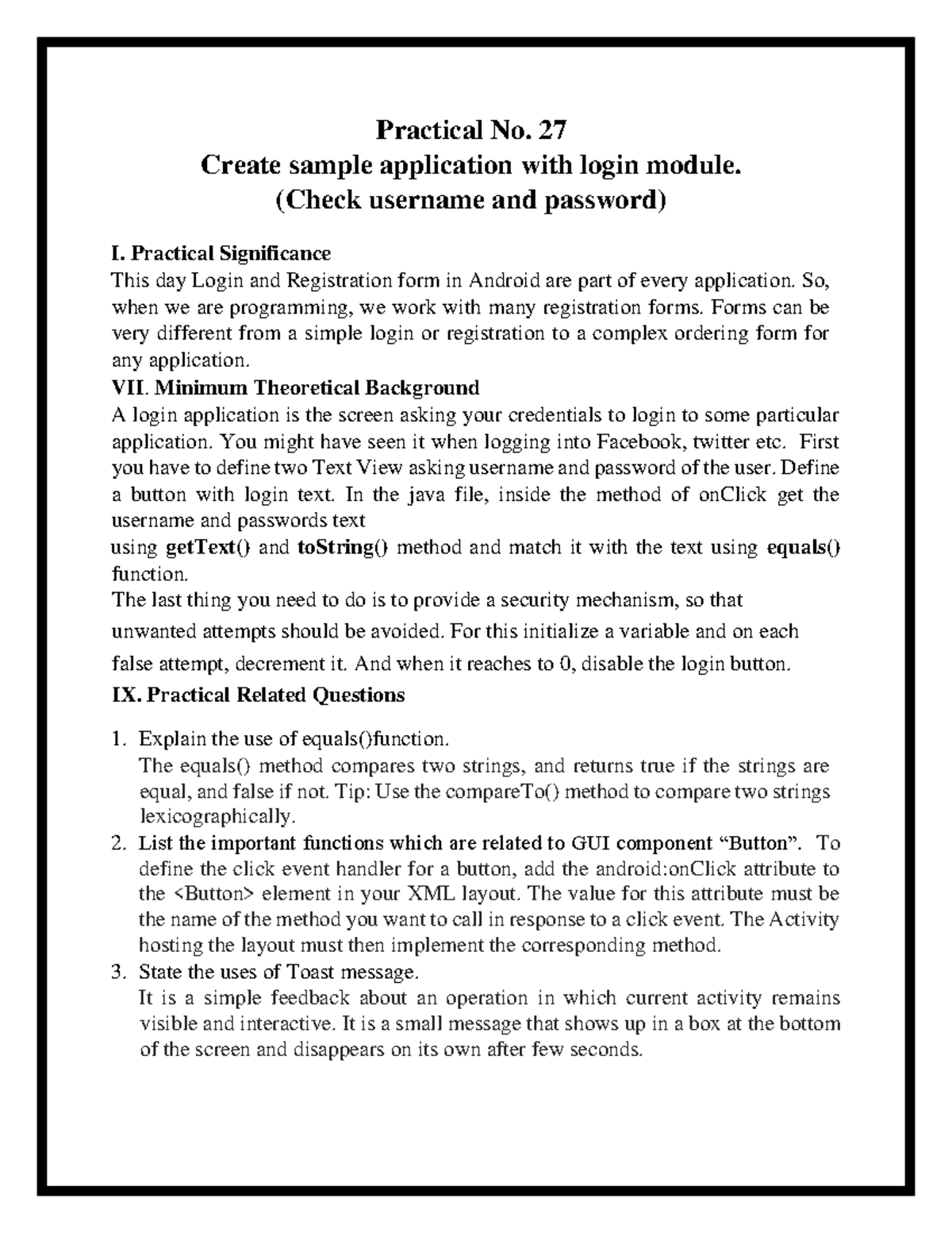 Practical No. 27: Sample App with Login Module (Check Username/Password) - Studocu