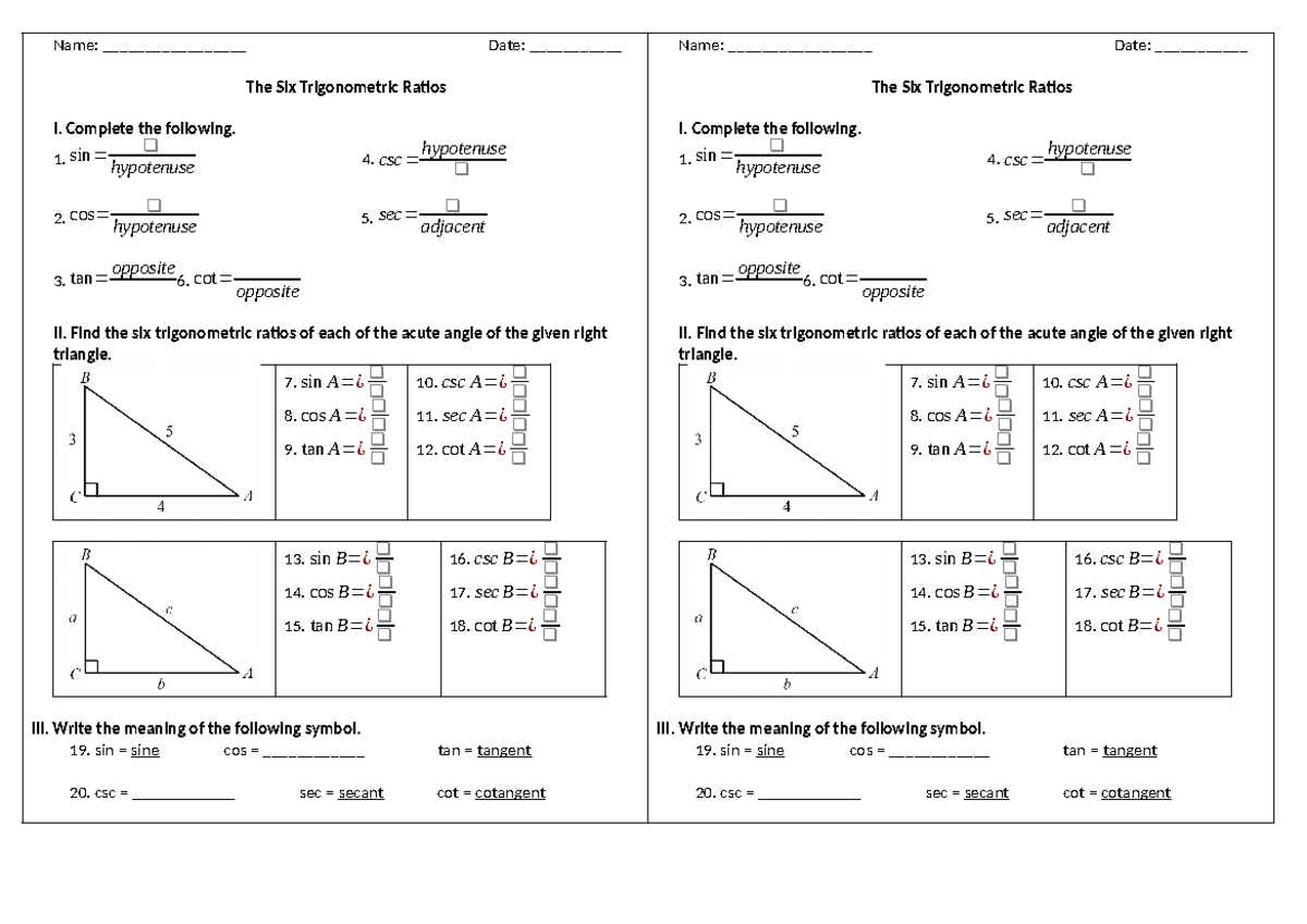 Trigonometry Ratios: SohCahToa Notes (Math 101) - Studocu