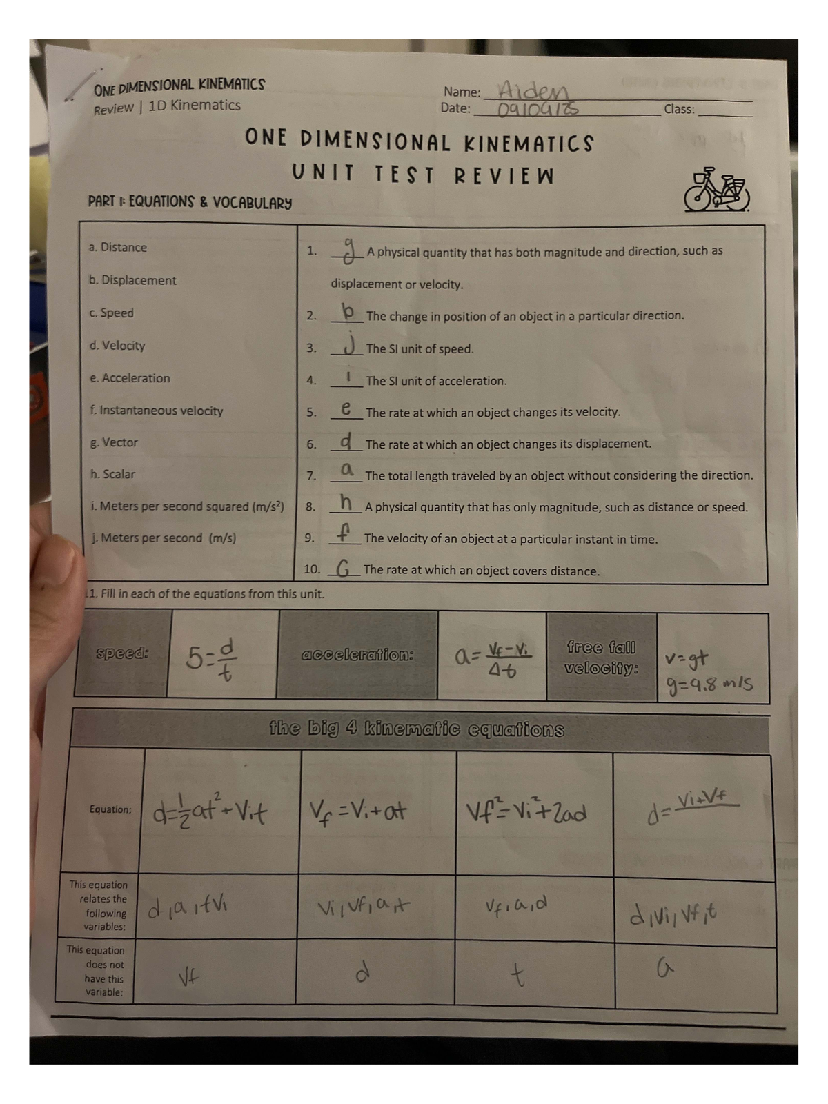 1D Kinematics Unit Test Review: Equations & Concepts - Studocu
