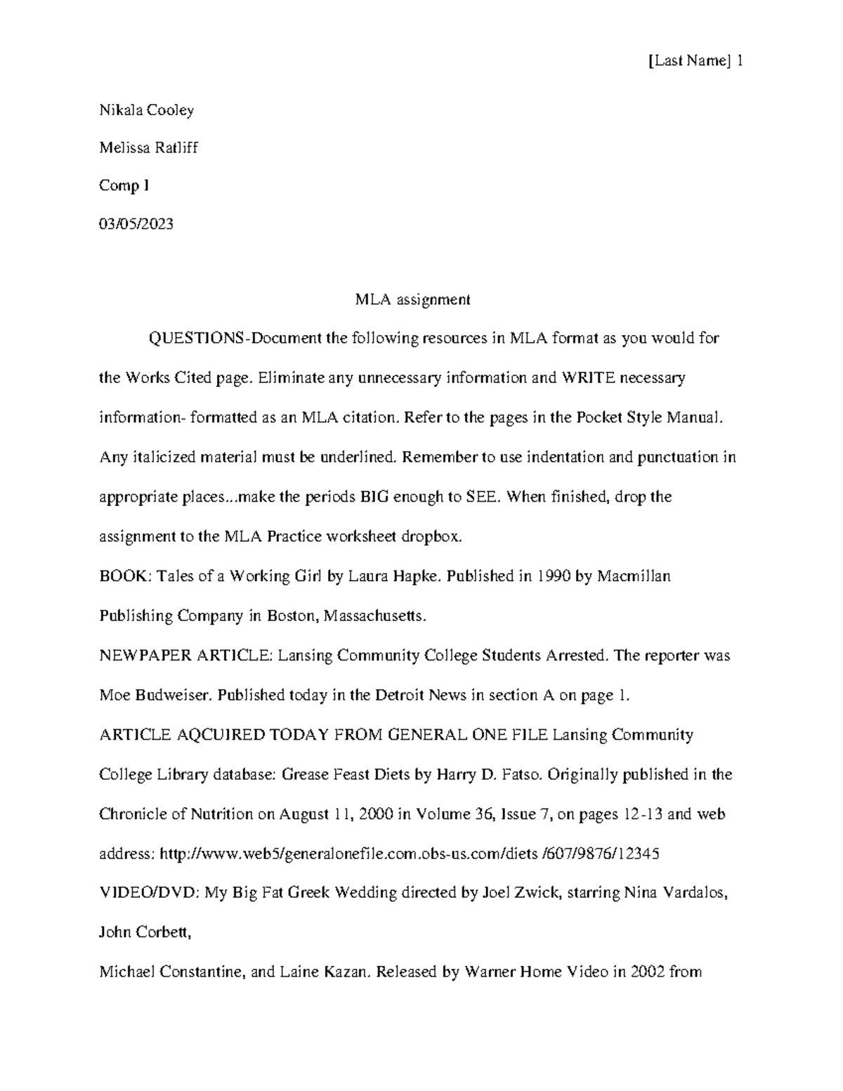 MLA Format Citation Assignment - Week 6 - Comp I 100/100 - Studocu