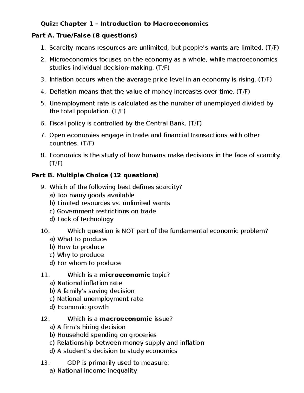Quiz: Chapter 1 Intro to Macroeconomics (KTVM) - 30 Questions - Studocu