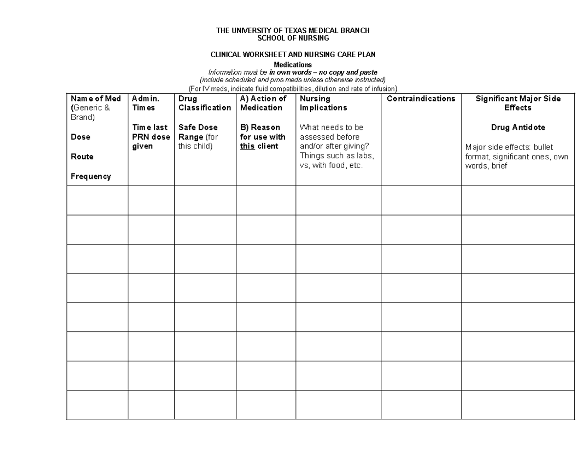 NURS 1234 Clinical Worksheet & Nursing Care Plan for Medications - Studocu