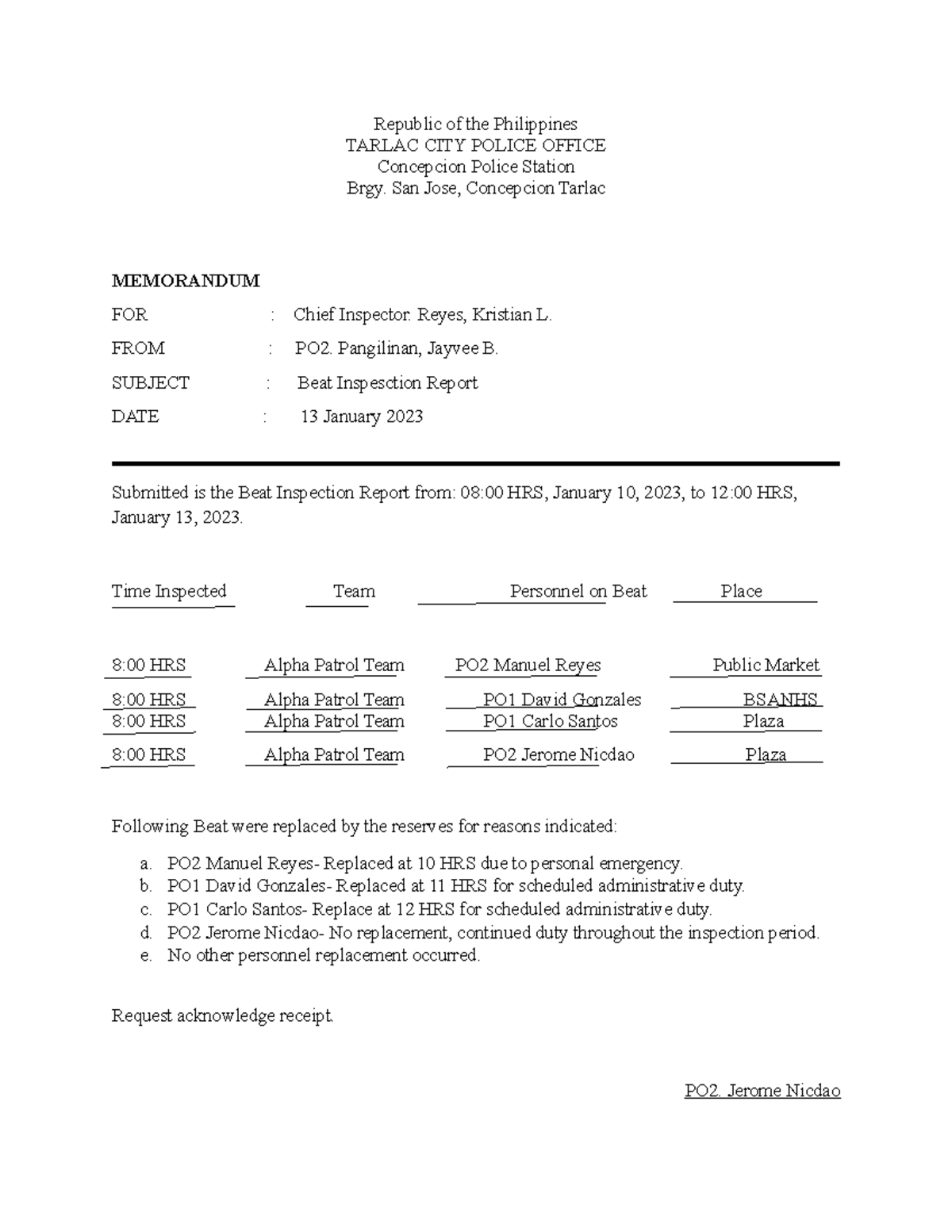Beat Inspection Report (BIR) - Tarlac City Police Station January 2023 ...