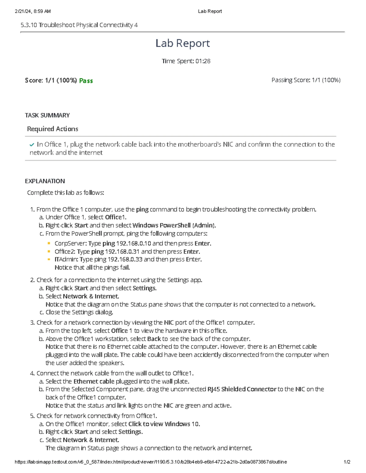 CompTIA 10 Lab Report: Disable Switch Ports - GUI Actions - Studocu