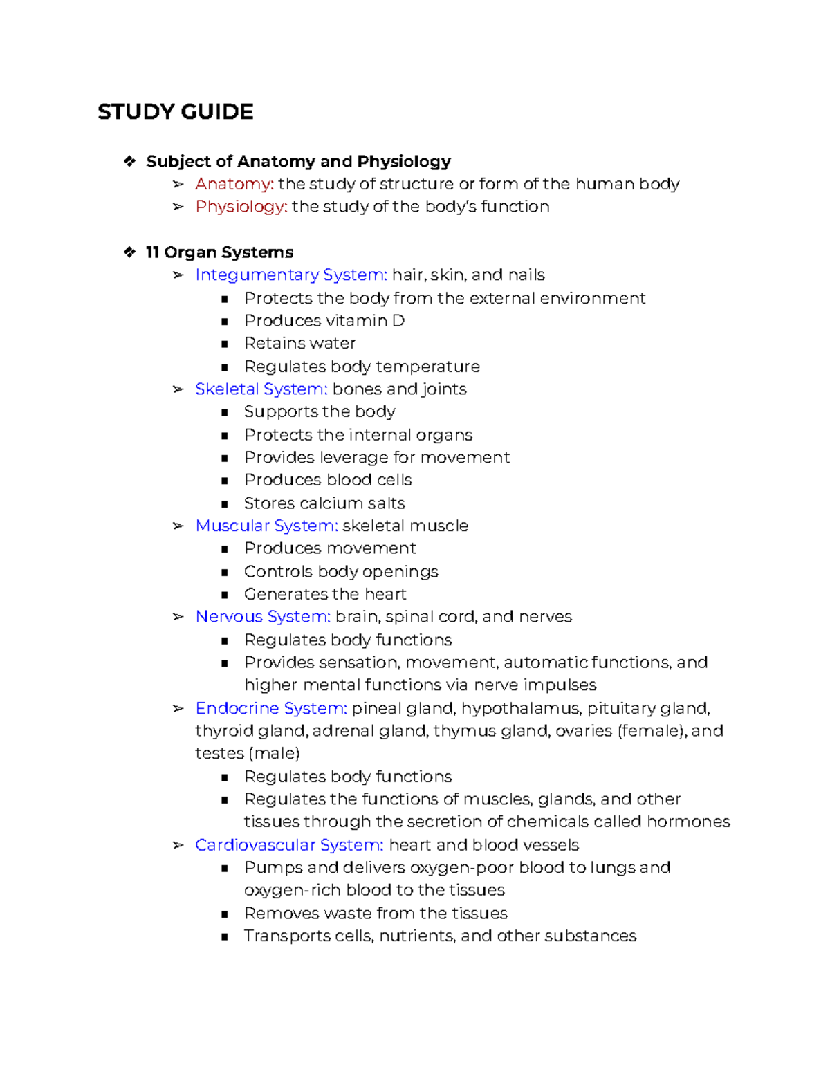 Anatomy and Physiology Study Guide: Overview of Organ Systems - Studocu