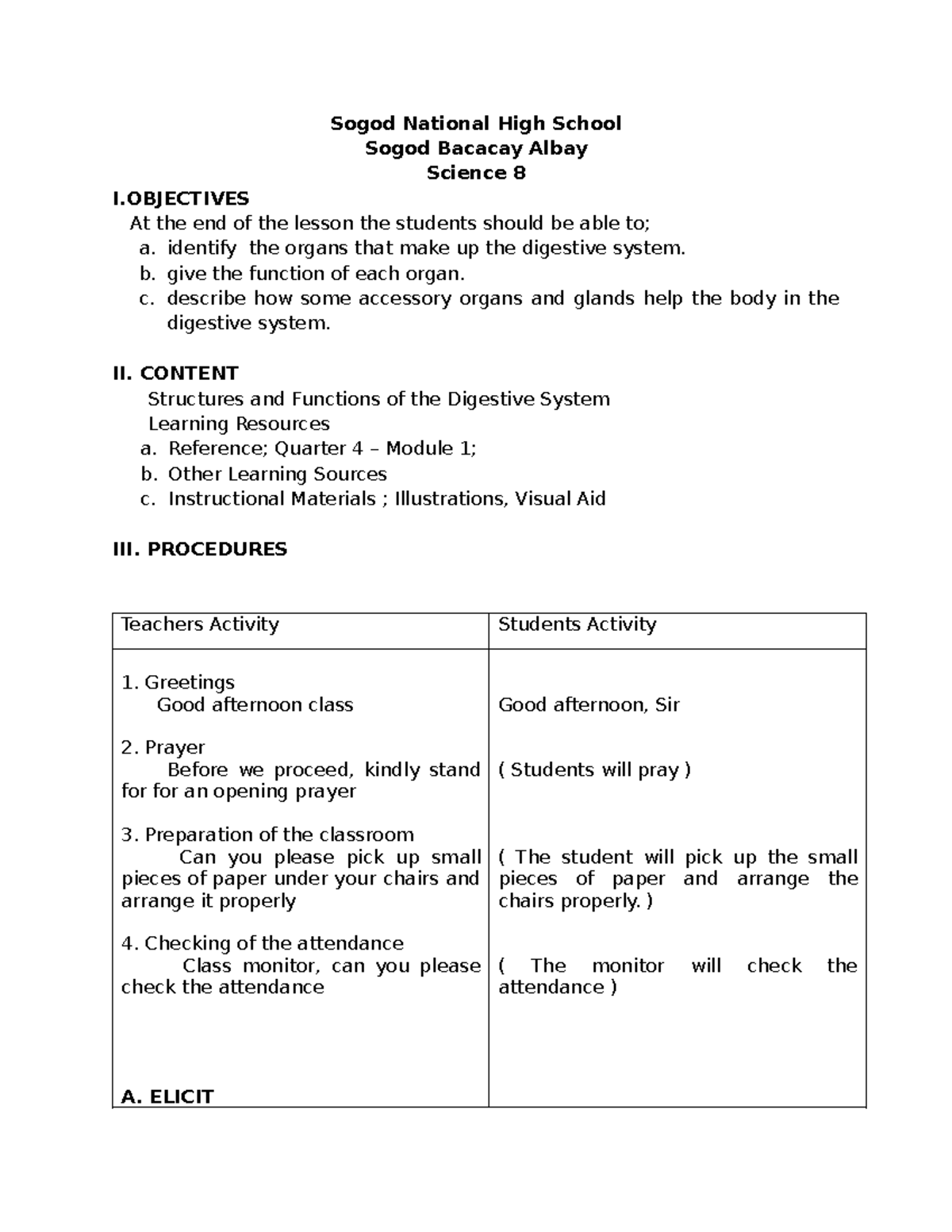 Lesson plan for digestive system - Sogod National High School Sogod ...