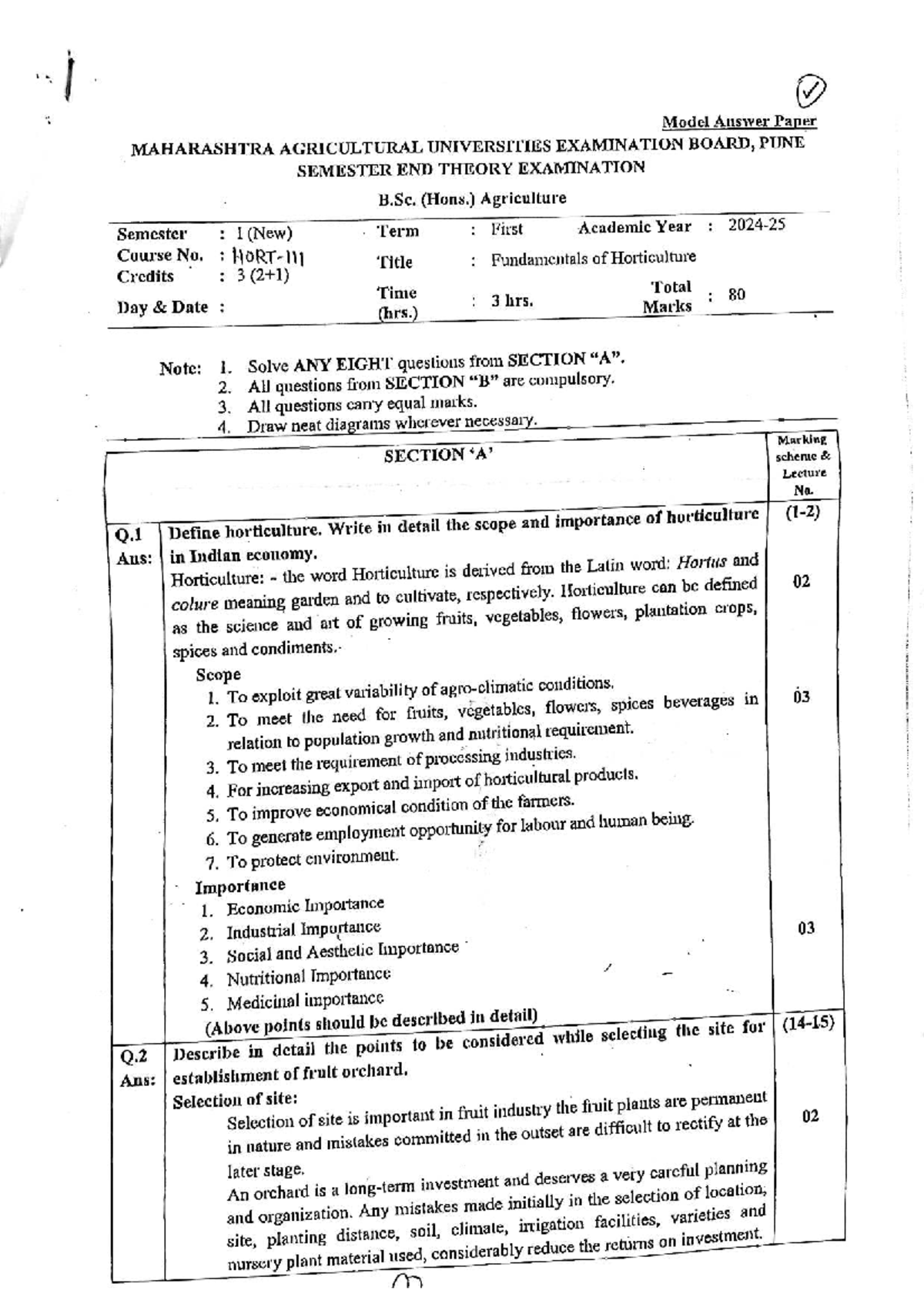 HORT 111 Model Answer Paper: Fundamentals of Horticulture 2024-25 - Studocu