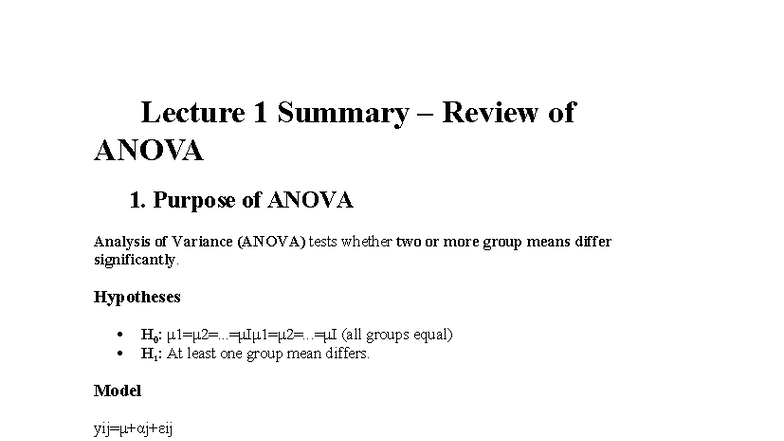 Lecture 1 Summary: ANOVA Concepts and Applications (RM) - Studeersnel