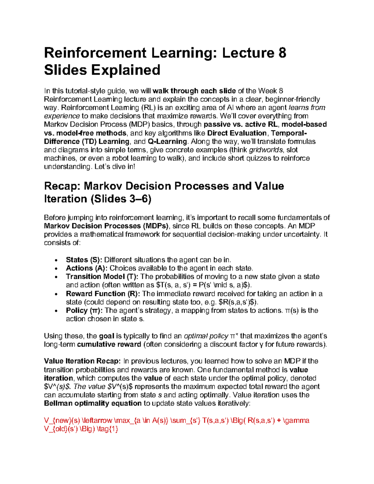 RL 101: Lecture 8 Slides Overview and Key Concepts - Studocu