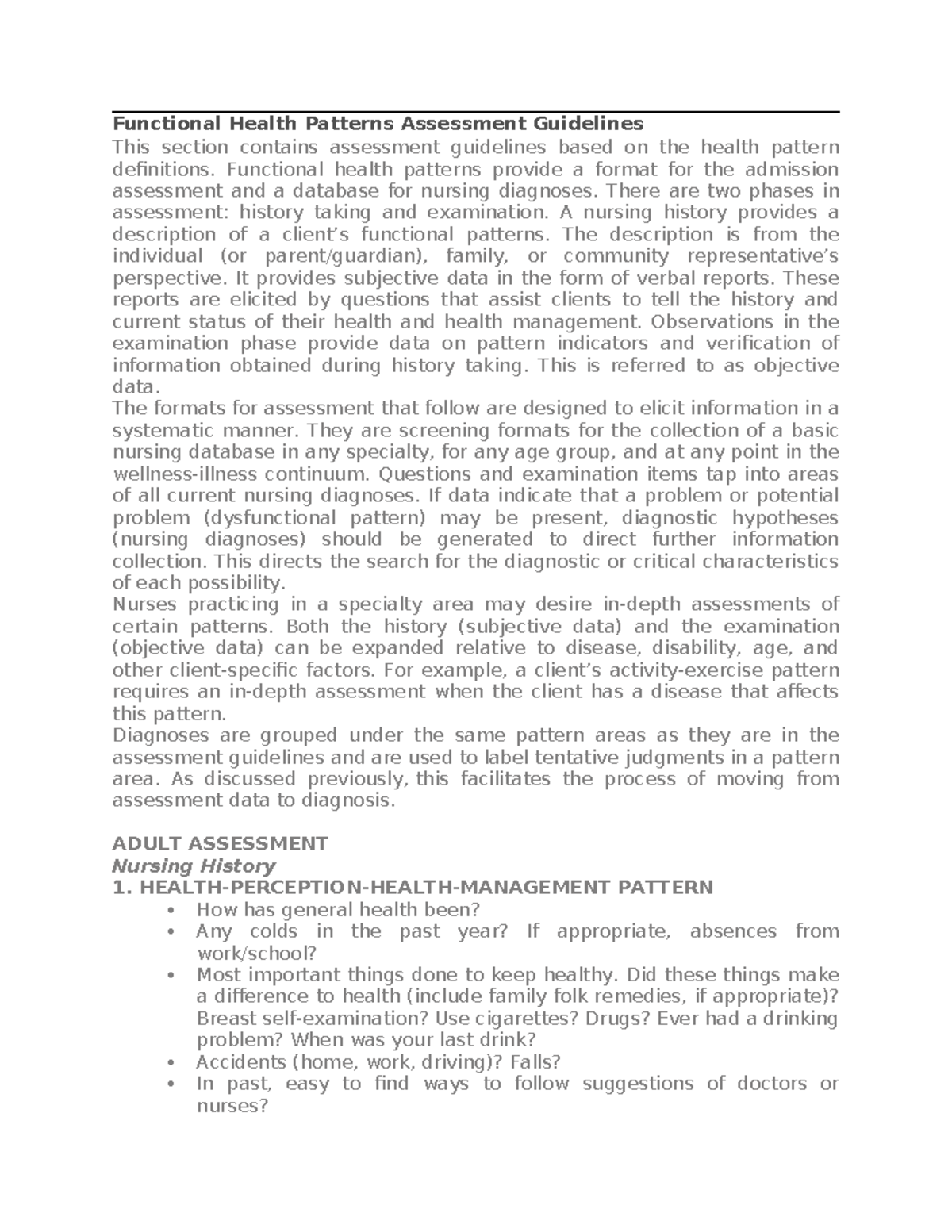 Functional Health Patterns Assessment Guidelines for Nursing - Studocu