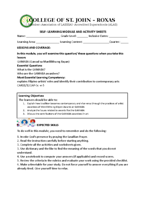 GR - guide - COLLEGE OF ST. JOHN-ROXAS LEARNING PLAN Name of Teacher MS. ELLAINE MAE B. SOLIS ...