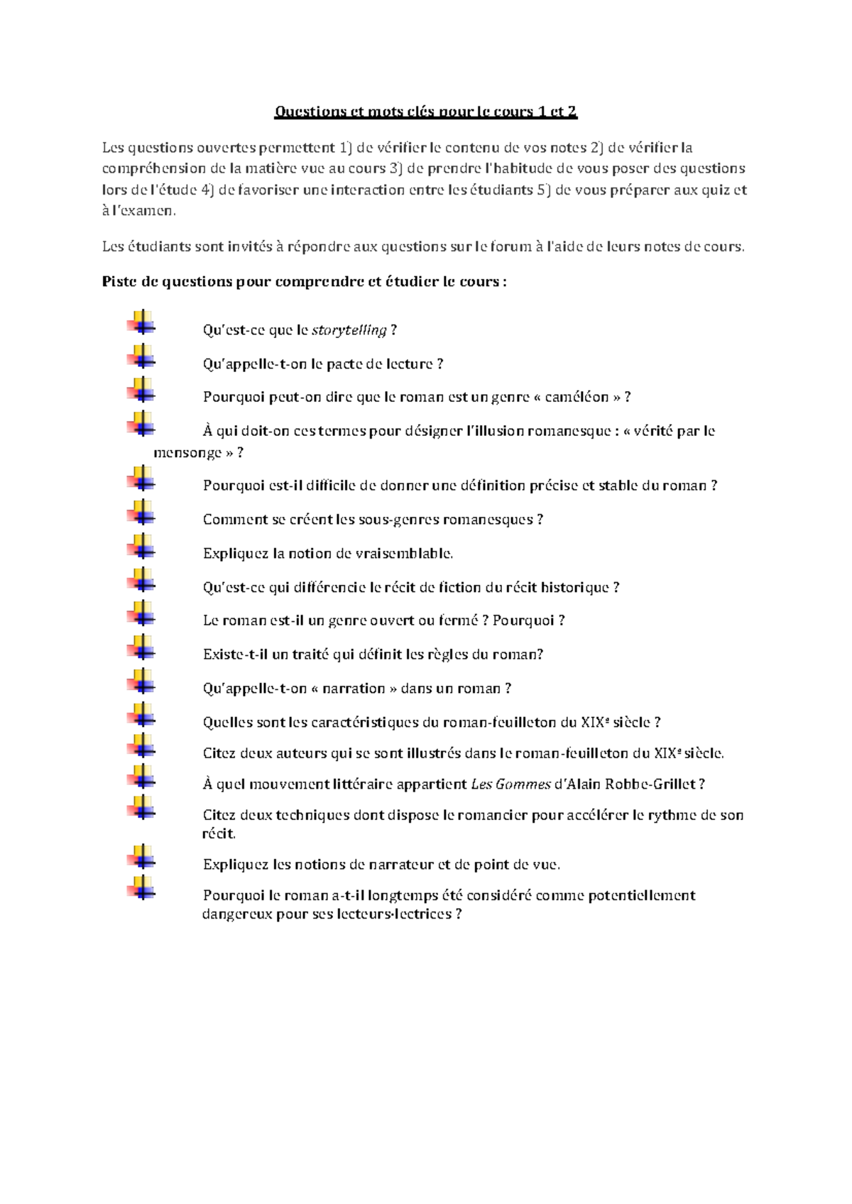 Questions et mots clés pour le cours 1 et 2 - Les étudiants sont ...