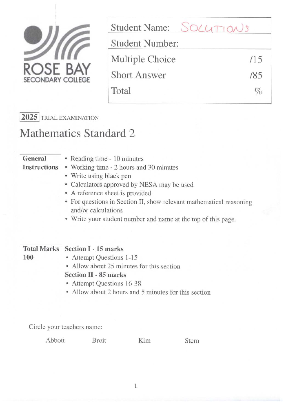 2025 Mathematics Standard 2 Trial Exam Solutions - Studocu