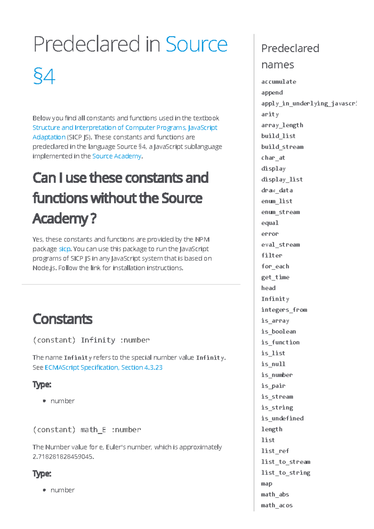 Predeclared Functions and Constants in Source §4 for SICP JS - Studocu
