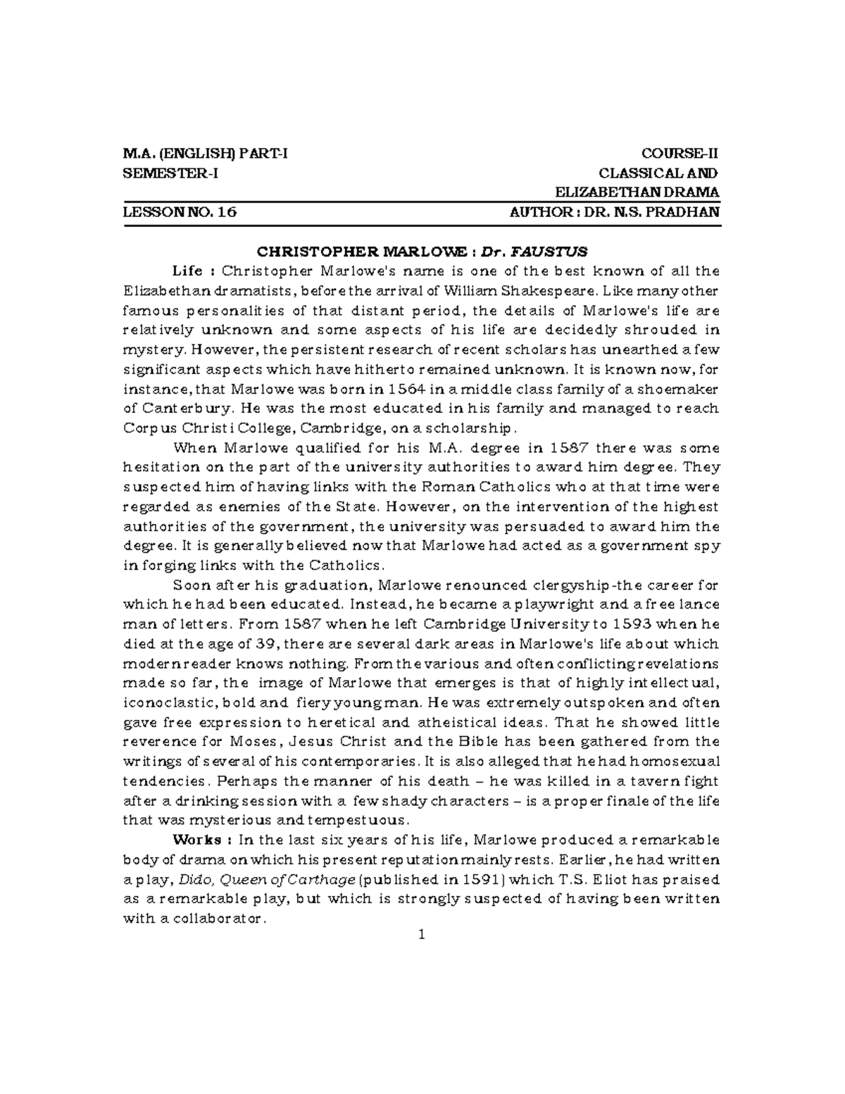 Dr. Faustus by Christopher Marlowe: A Critical Study (ENG PART-I) - Studocu