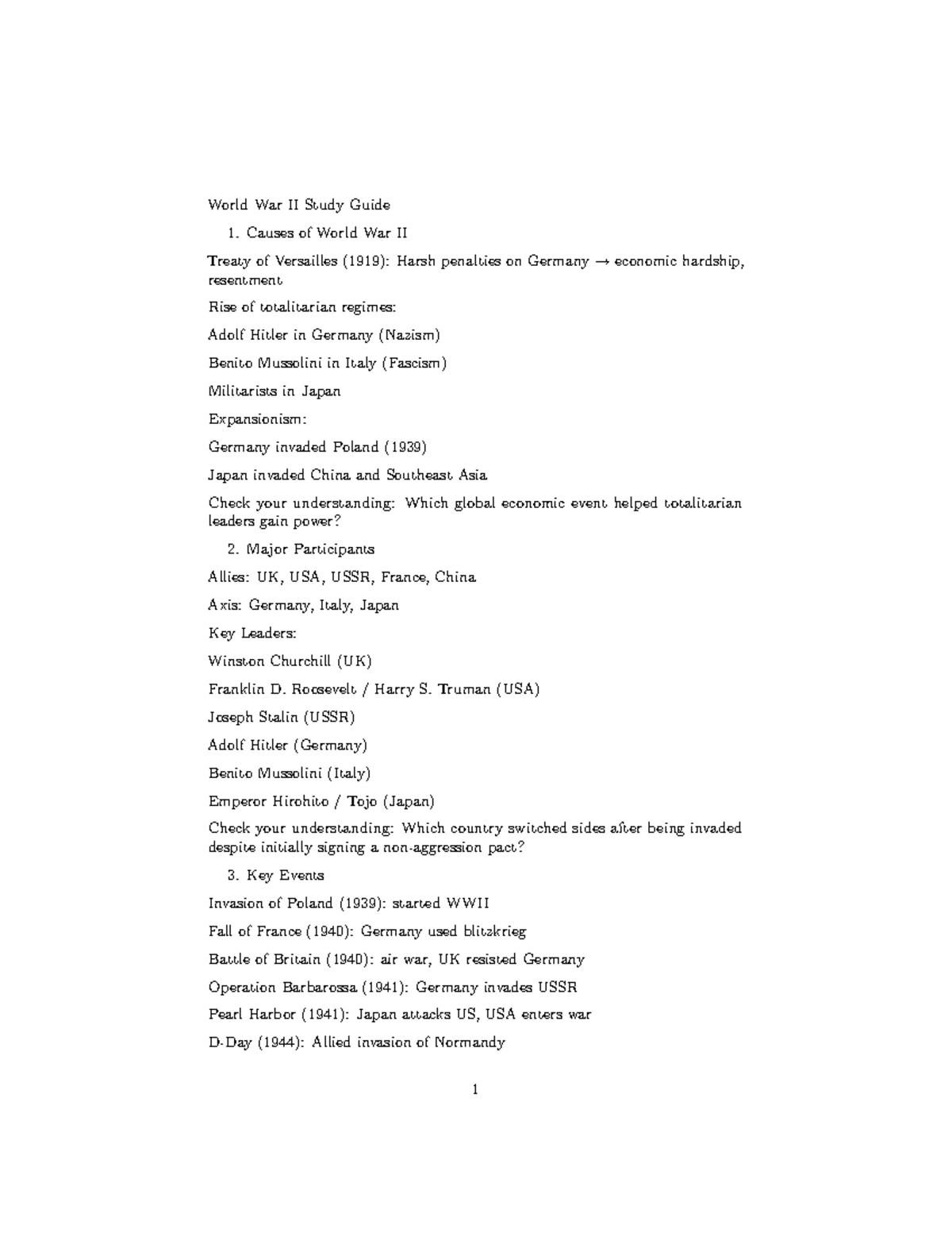 World War II Study Guide: Causes, Events, and Consequences - Studocu