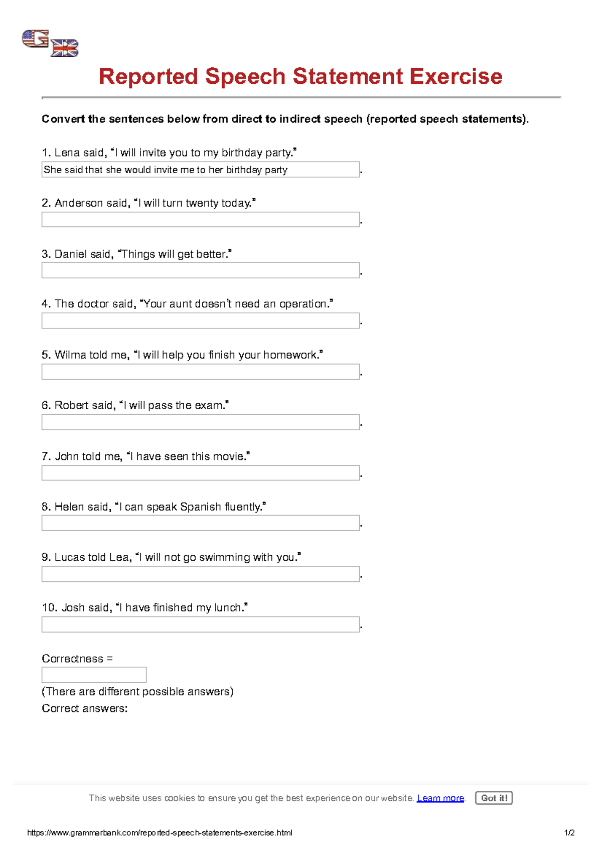 429928959 Reported Speech Statements Exercise Practice Worksheet - Studocu