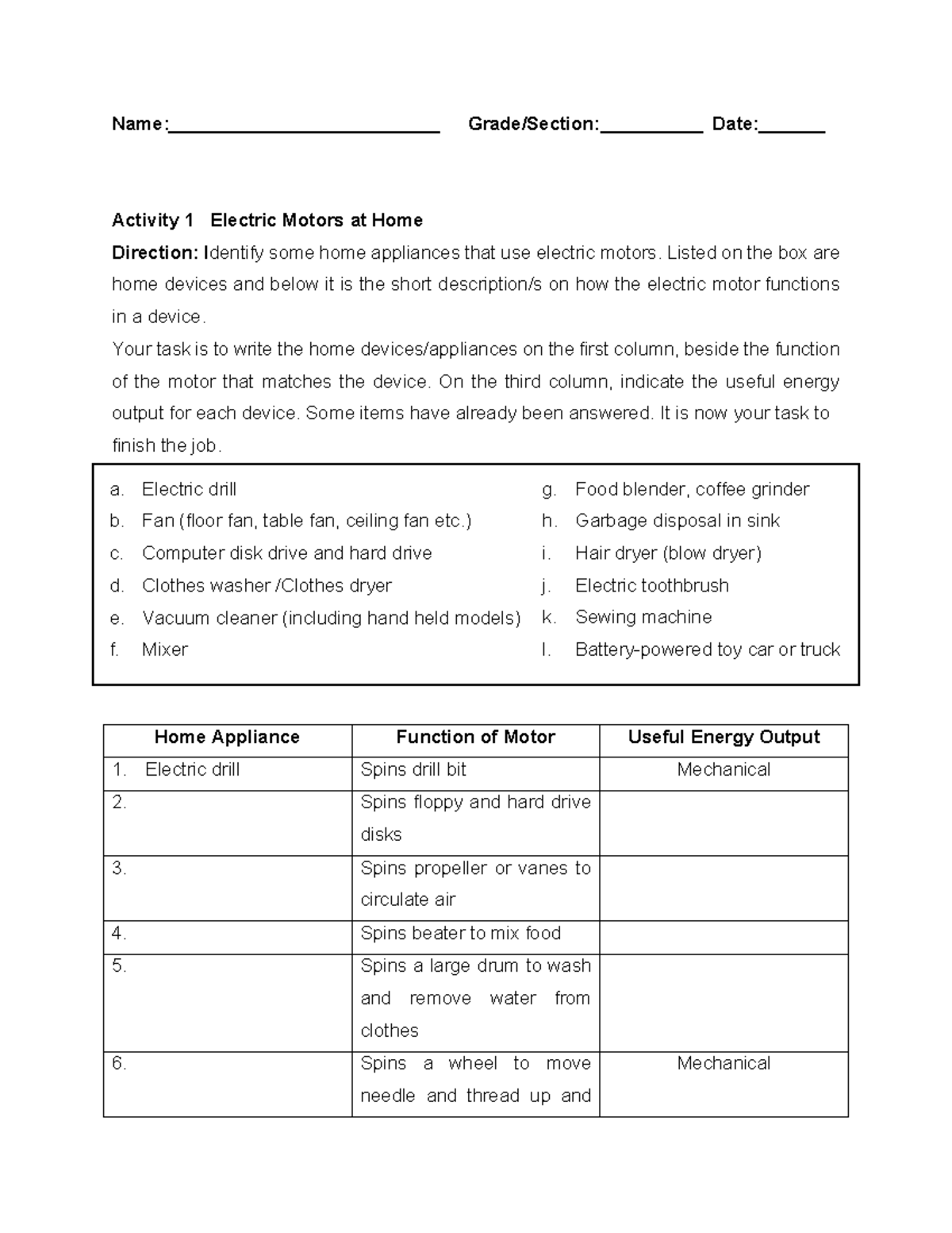Activity on Electric Generator and Electric Motor - Name: Grade/Section ...