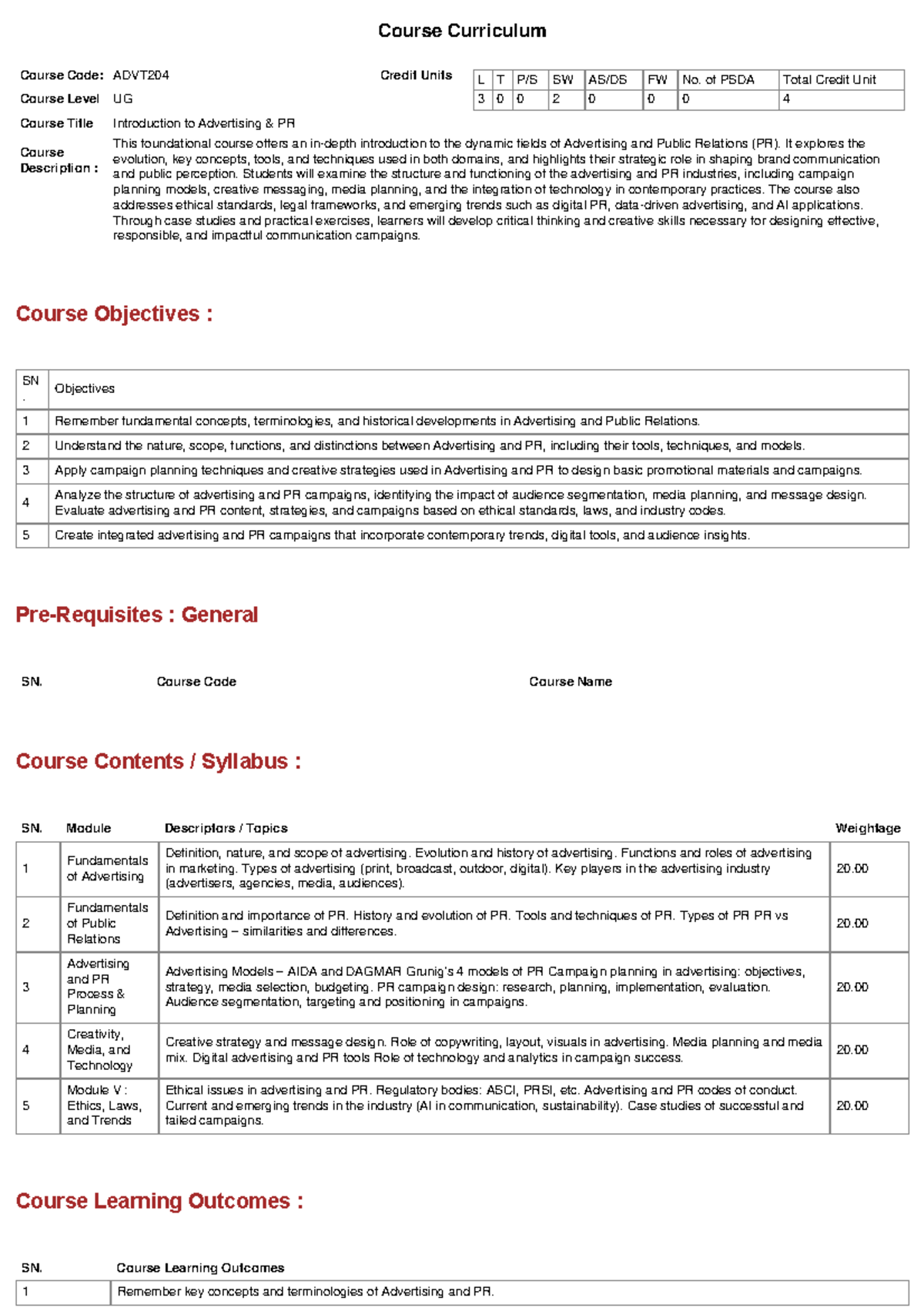 ADVT204 - Introduction to Advertising & PR Syllabus Overview - Studocu