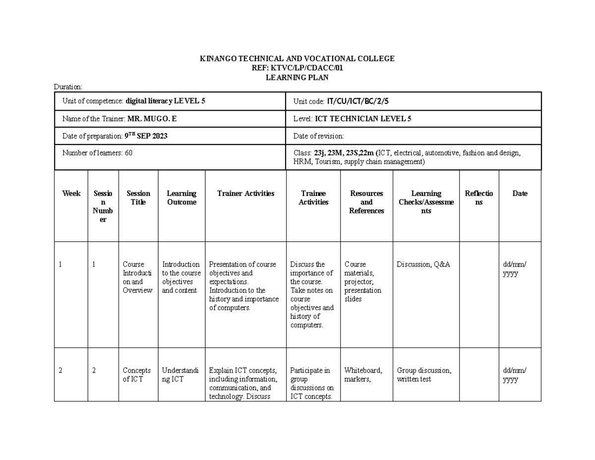 Digital Literacy Learning Plan for ICT Level 5 (IT/CU/ICT/BC/2) - Studocu
