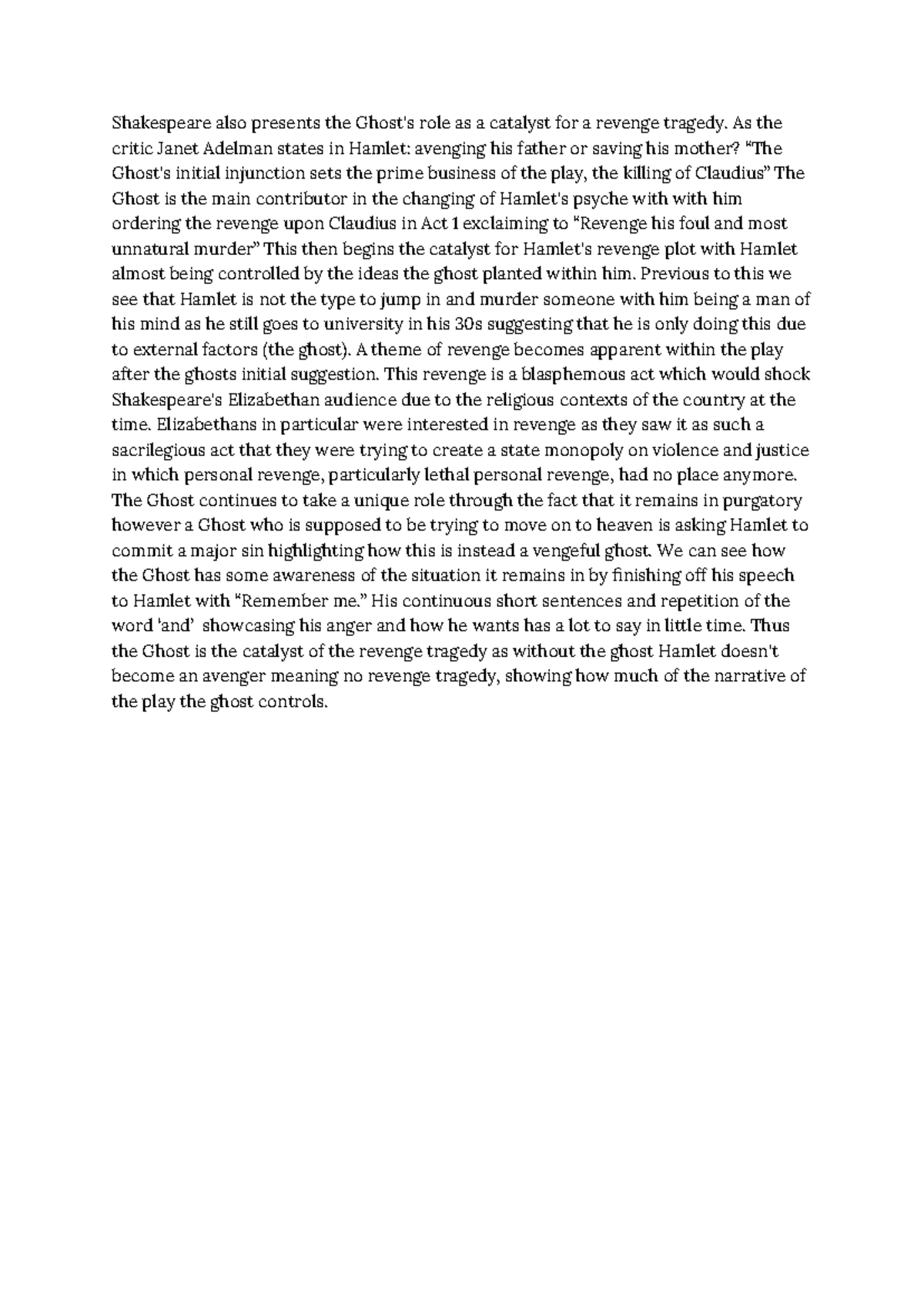 Edited ghost essay paragraph - Shakespeare also presents the Ghost's role as a catalyst for a ...