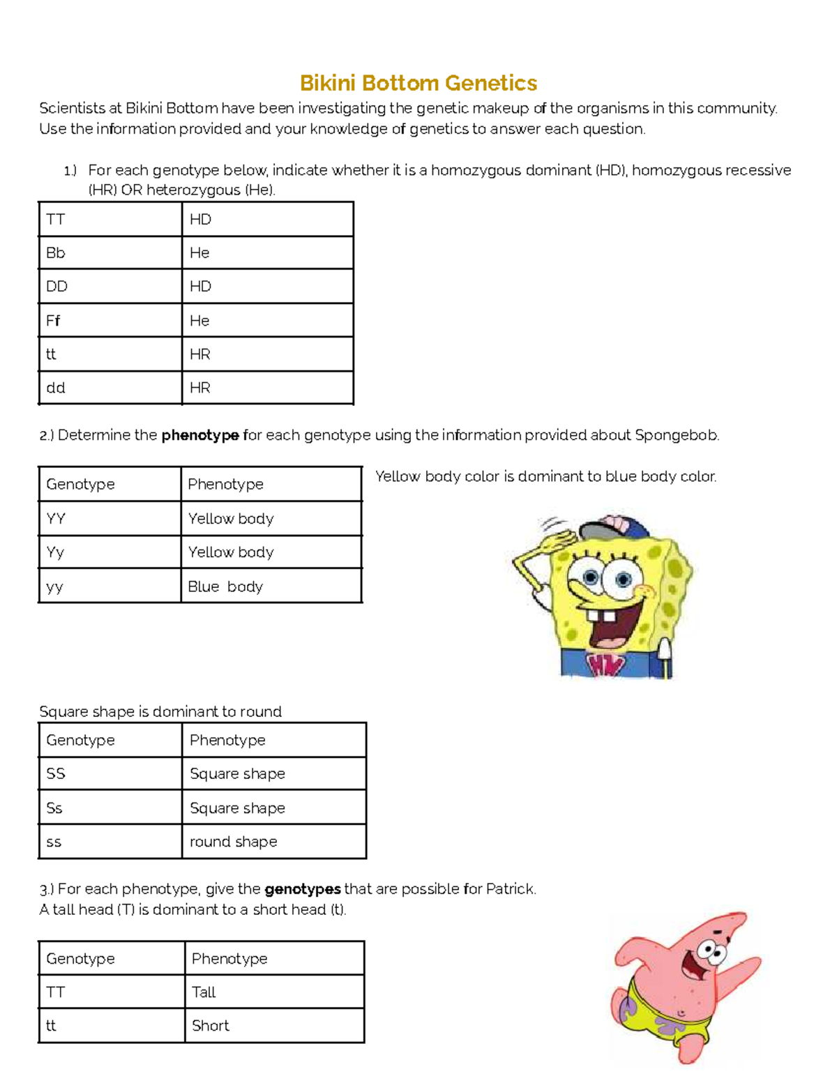 Honors BIOL 101: Bikini Bottom Genetics Practice Worksheet - Studocu