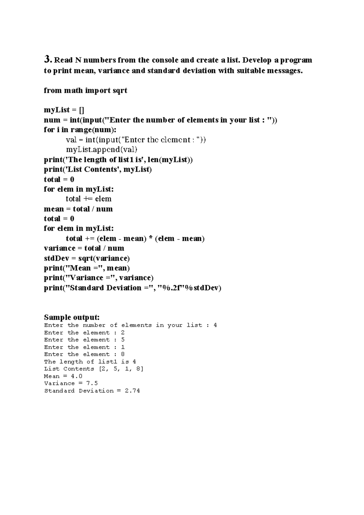 Program 3: Calculating Mean, Variance & Std Dev from User Input - Studocu
