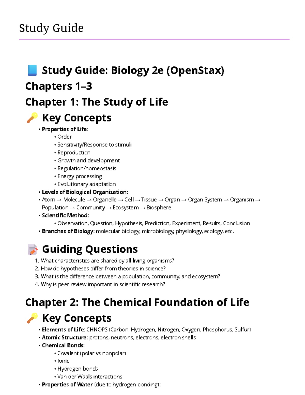 Biology 2e Study Guide: Key Concepts from Chapters 1-3 - Studocu