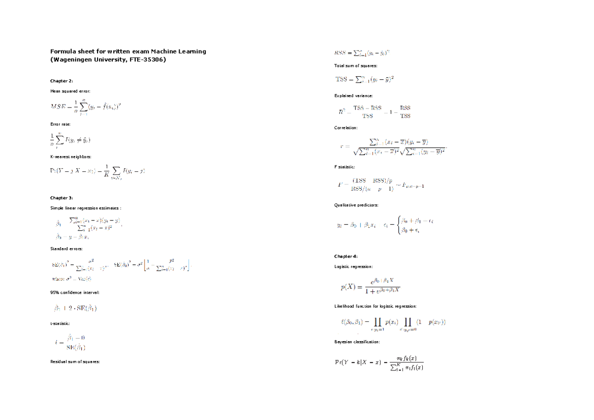 Formula Sheet for Final Exam in Machine Learning FTE-35306 - Studeersnel