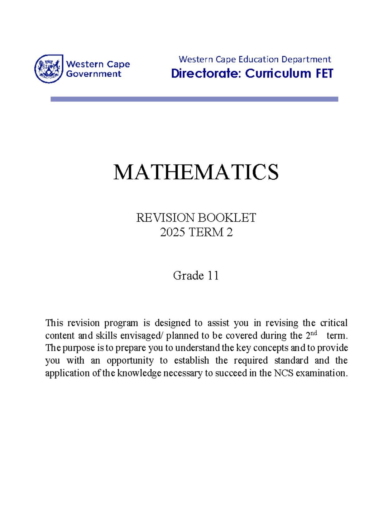 Mathematics Grade 11 Term 2 Revision Booklet 2025 - Studocu