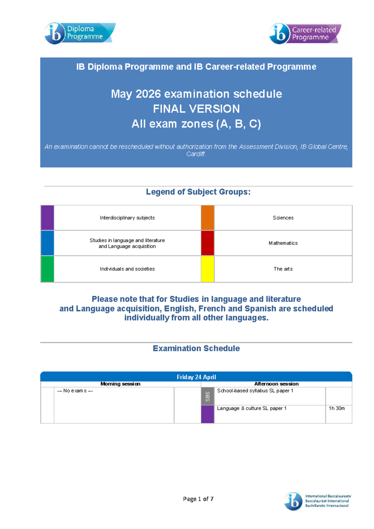 Class of 2026 - IB Diploma Programme Exam Schedule May 2026 - Studocu
