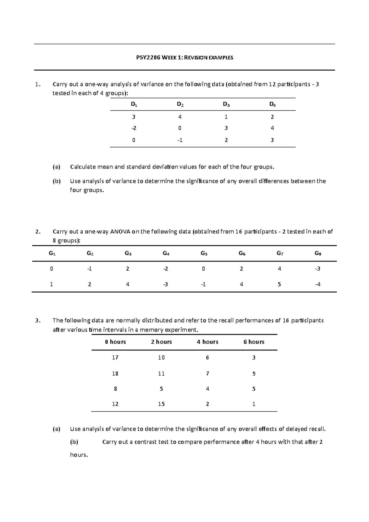 PSY2206 WEEK 1: ANOVA Practical Questions and Analysis - Studocu
