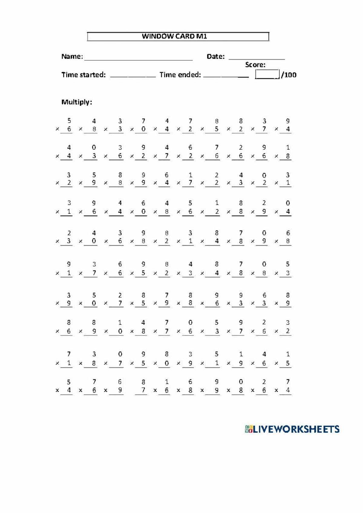 M-1 Window CARD 3: Multiplication Practice for Grade 2 - Studocu