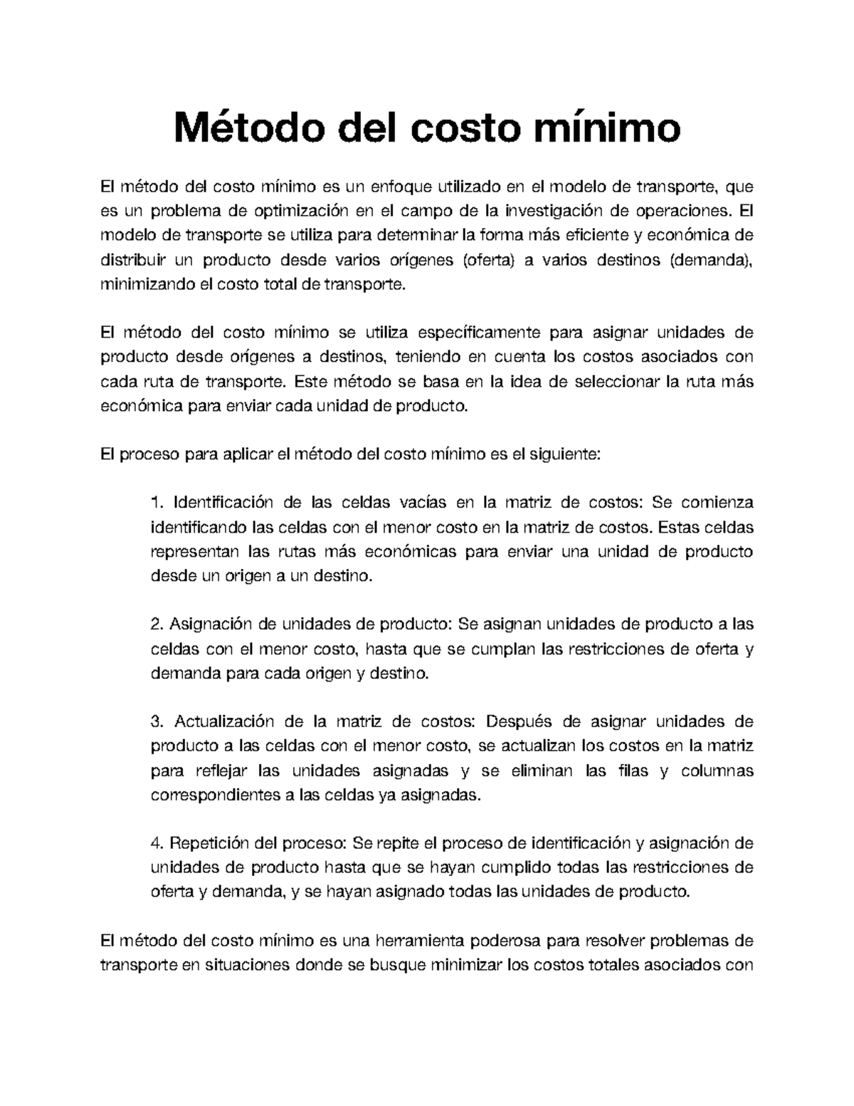 Método del Costo Mínimo en Modelos de Transporte: Guía Completa - Studocu