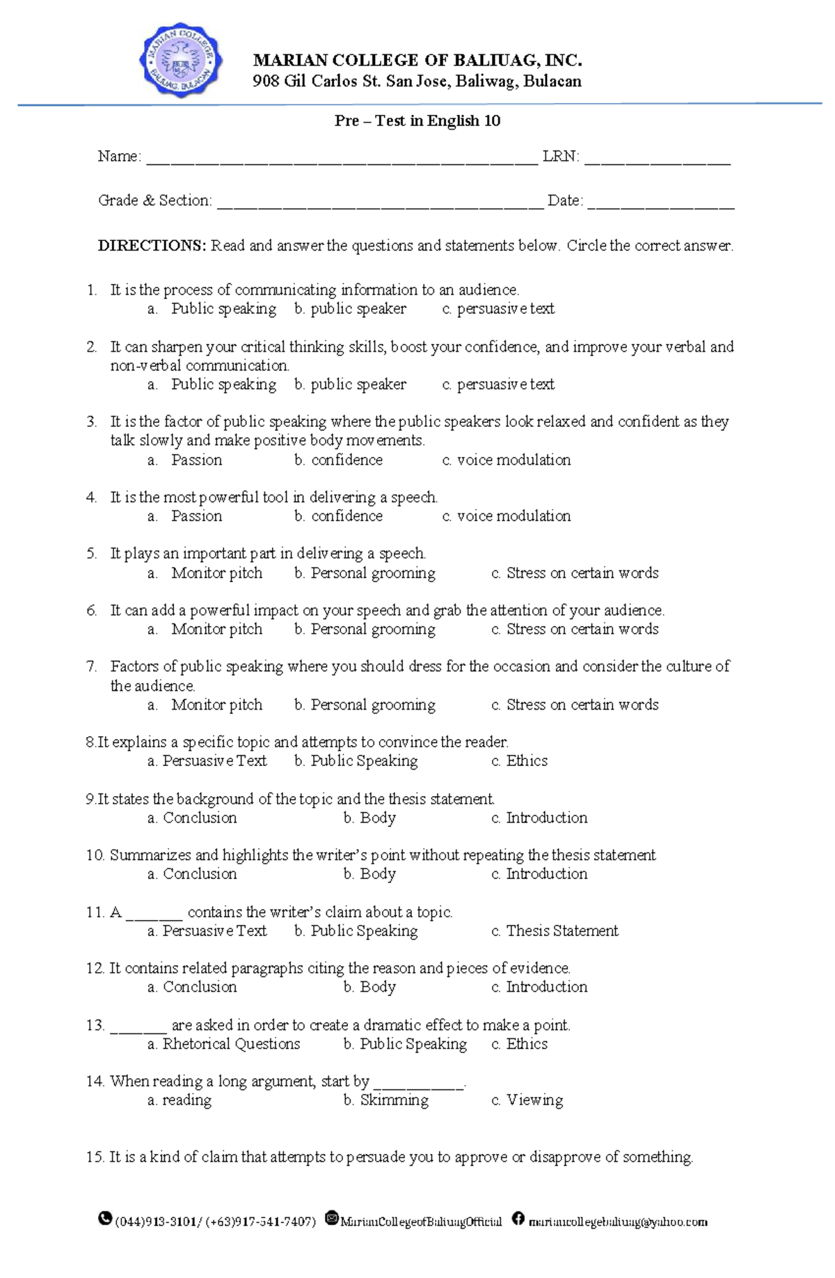 English 10 Pre & Post Test: Comprehensive Assessment - Studocu
