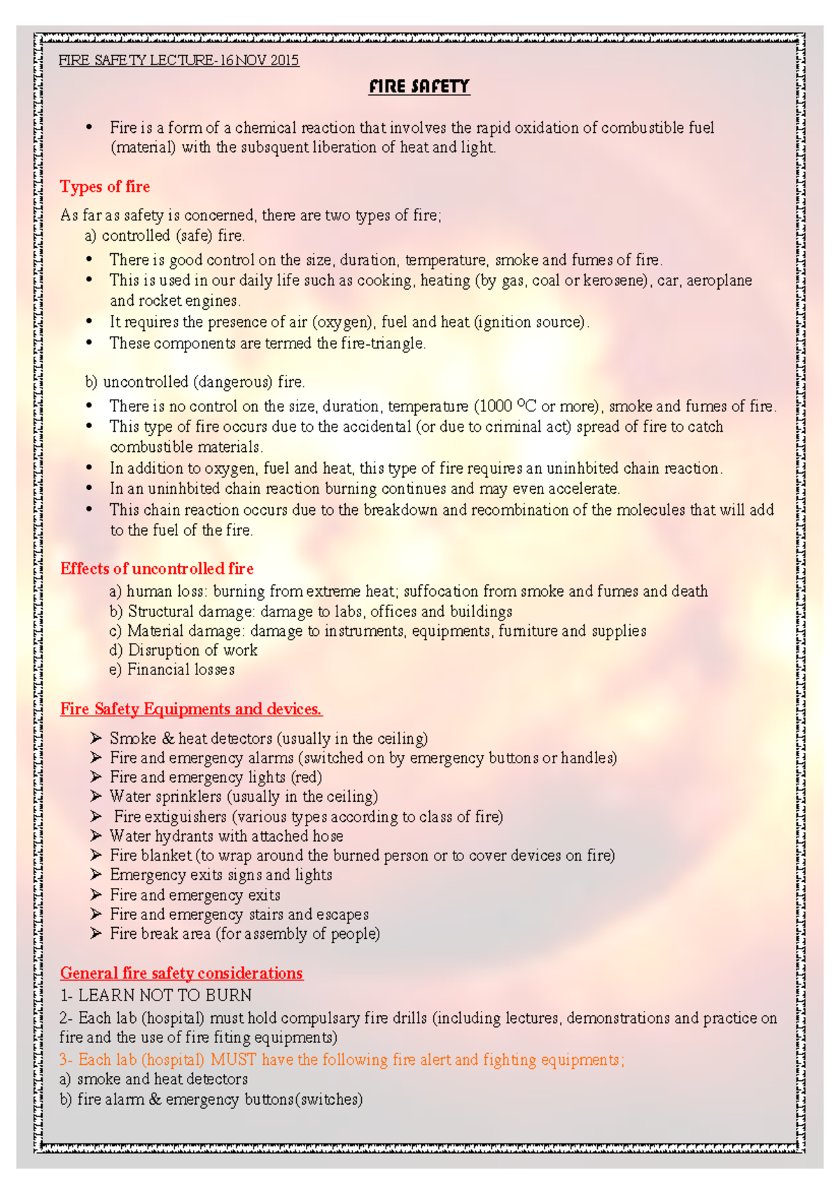 FIRE SAFETY LECTURE NOTES: UNDERSTANDING TYPES & PREVENTION - Studocu