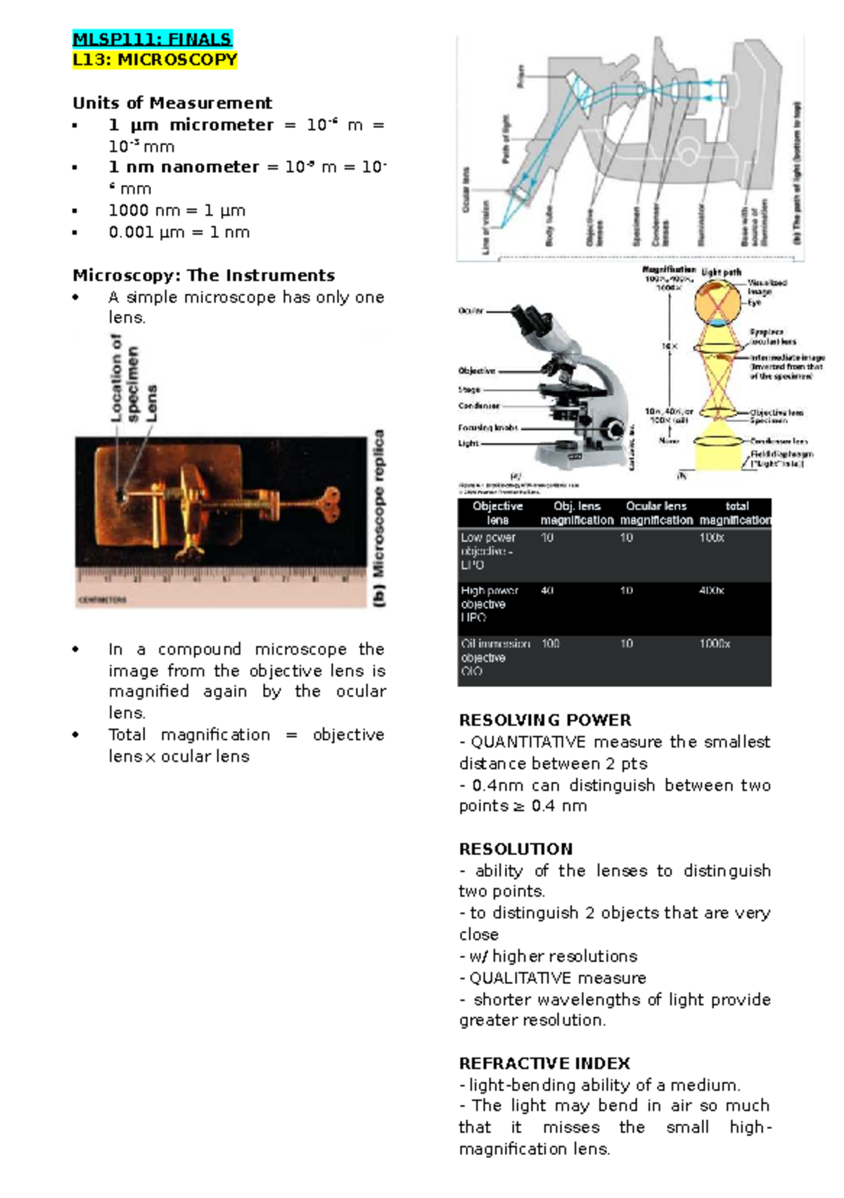 MLSP111: Final Exam Notes on Microscopy and Biosafety - Studocu