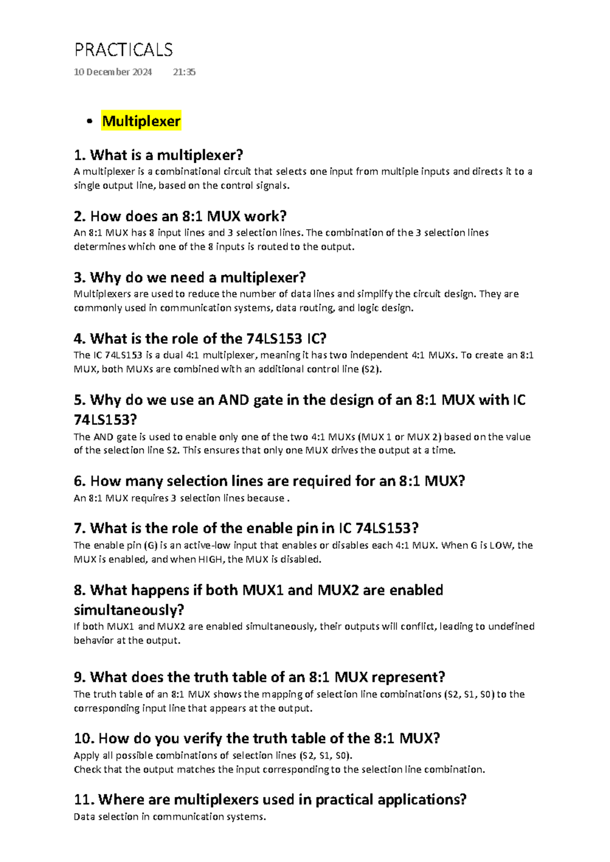 DC VIVA Questions - Multiplexer, Full Adder/Subtractor, and Gray Code ...