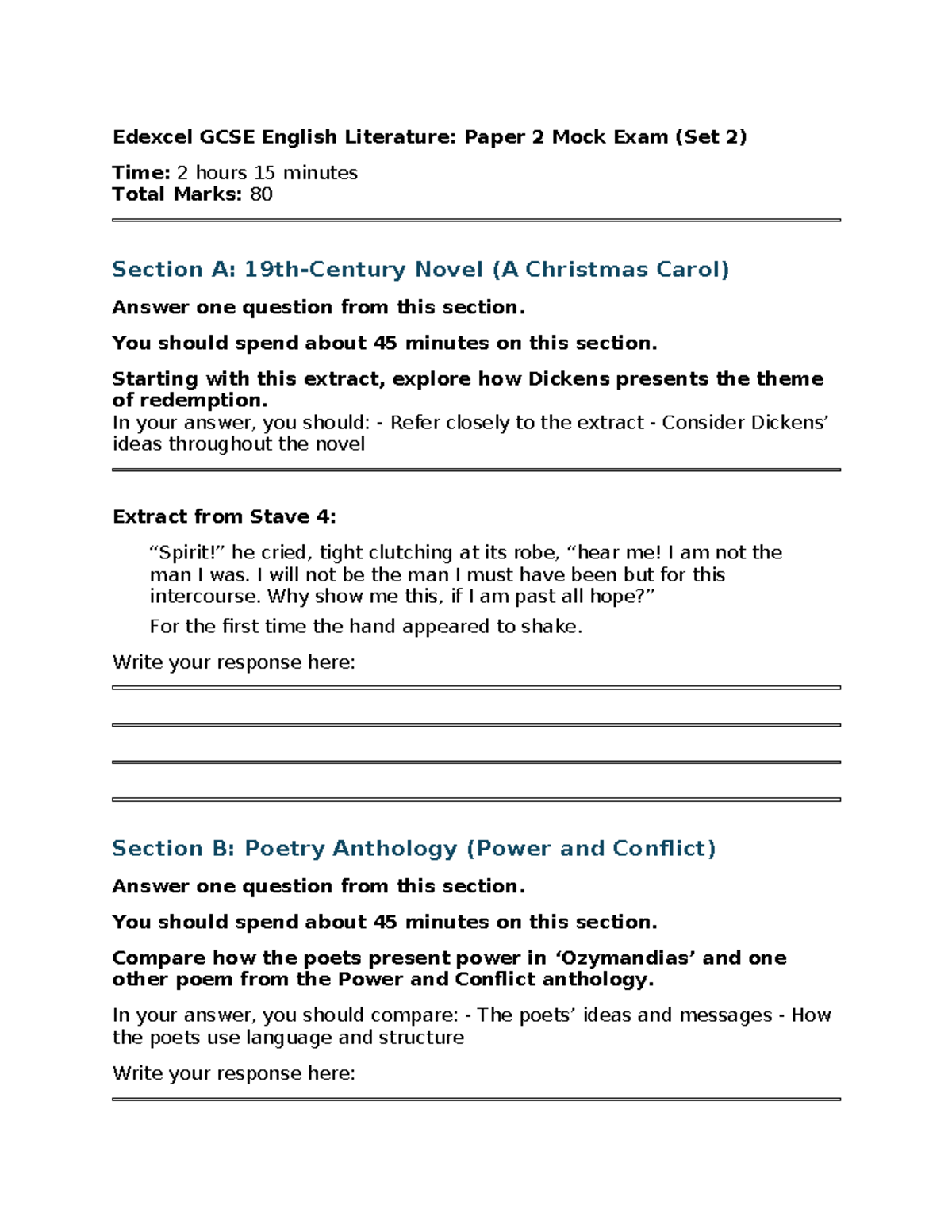 Edexcel GCSE English Literature: Paper 2 Mock Exam Practice - Studocu