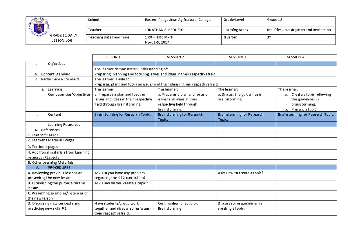 Daily Lesson Log: Inquiries, Investigations & Immersion - Week 4 - Studocu