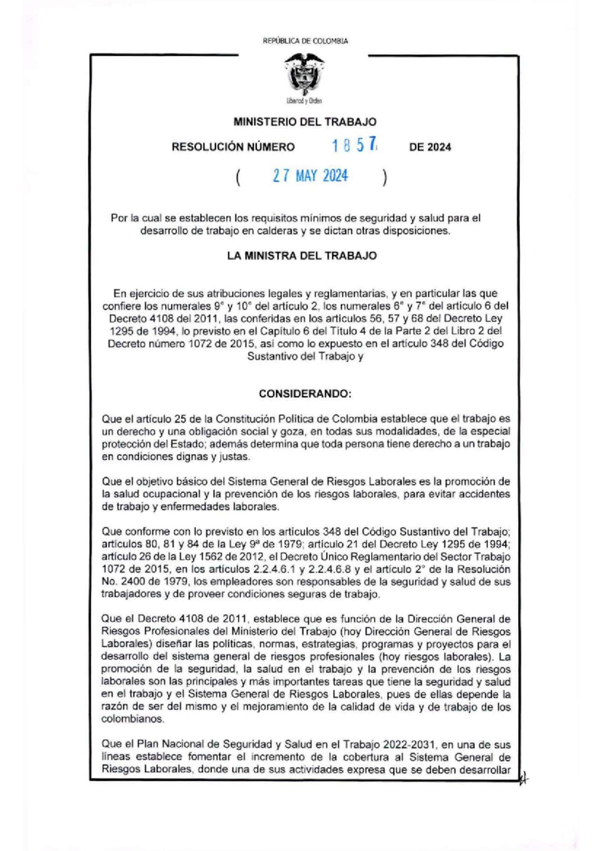 Resolución 1857 de 2024: Requisitos de Seguridad en Calderas - Studocu