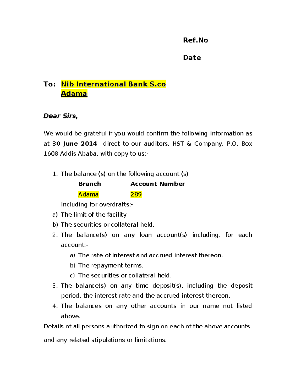 Bank Confirmation letter - Ref.NoRef Date Date To: To: Nib ...