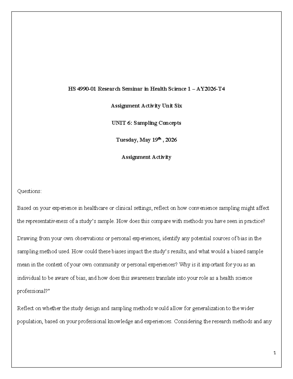 HS Research Seminar in Health Science 1: Unit 6 - Sampling Bias ...