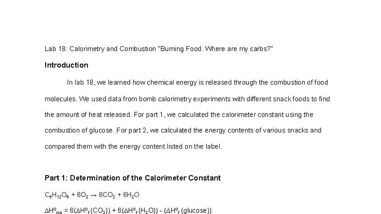 Post-Lab 18: Calorimetry & Combustion of Food - CHEM 106 - Studocu